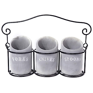 MADECO Kitchen Utensil Holder Set 3 Pieces Cement Utensil Crocks & 1 Portable Wire Caddy - Embossed Design-Organize Your Flatware & Silverware with Ease (Round)