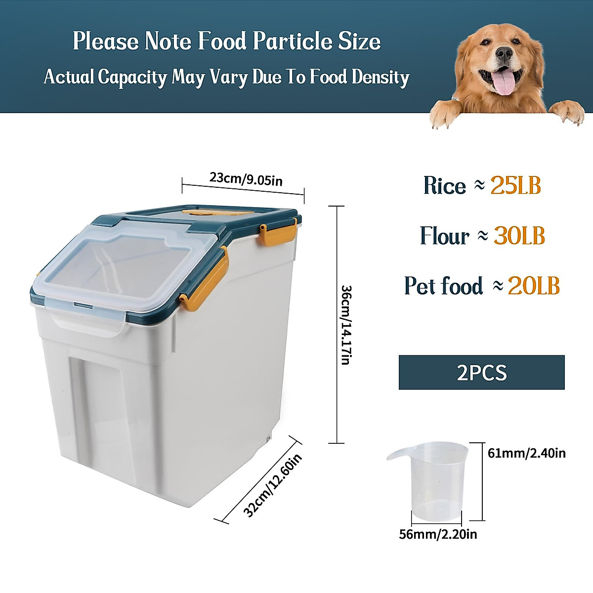 Qiveno Large Flour Storage Container Bin 25Lb, 2Pack Airtight Rice Storage Containers with Wheels Seal Locking Lid, BPA Free with Measuring Cup&Scoop for Flour, Rice, Grain(Blue)