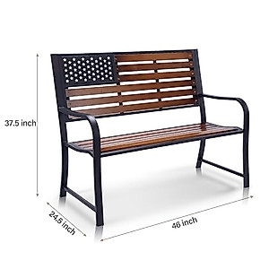 Metal American Flag Patio/Porch Bench with Wooden Slats - 46" Width, 24" Deep Seat
