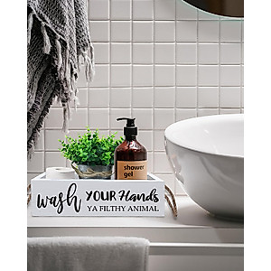 Msyueos Wash Your Hands Toilet Tank Basket Wooden Toilet Paper Basket Storage Box with 2 Sides Signs Toilet Basket Bathroom Decor Box Home Toilet Decor White Basket for Bathroom