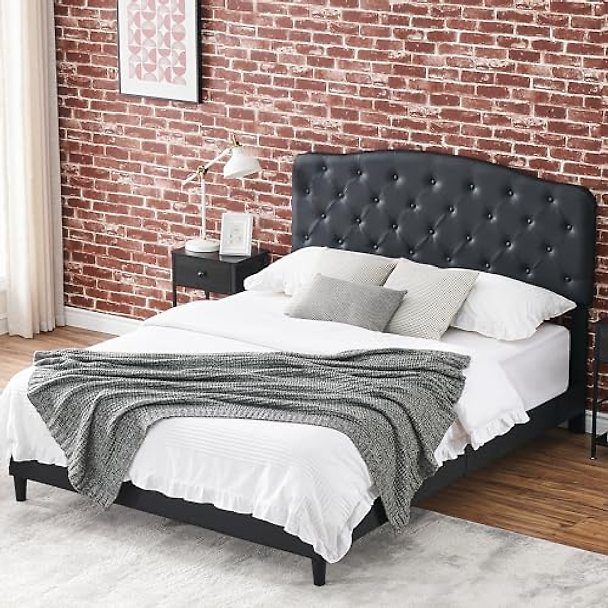 GAOMON Queen Size Platform Bed Frame with Button Tufted Headboard, Faux Leather Upholstered Mattress Foundation, Wooden Slat Support, No Box Spring Needed, Black