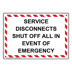 ComplianceSigns.com Service Disconnects Shut Off All in Event of Emergency Label Decal, 5x3.5 in. 4-Pack Vinyl for Electrical Emergency Response