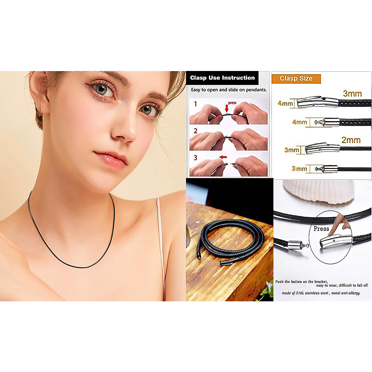 Findout 2mm black Waterproof Braided Leather Necklace Wax Rope Chain For Men, Waterproof Braided Leather, No Gemstone