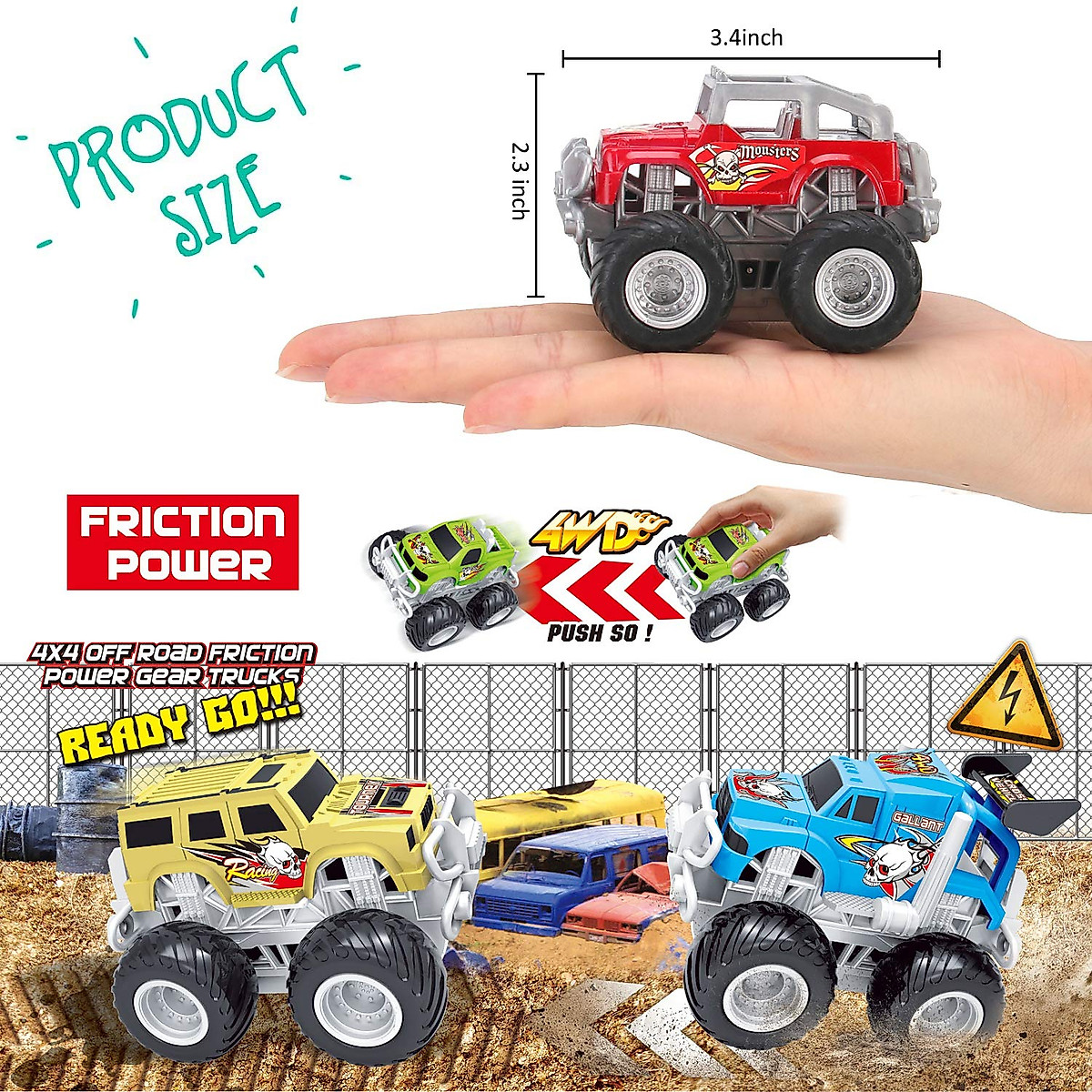 Big Wheel Monster Truck Stunt Stadium Playset with DIY Puzzle Construction Playmat, 2 Friction Monster Trucks, and Play Dirt (38 Pcs)