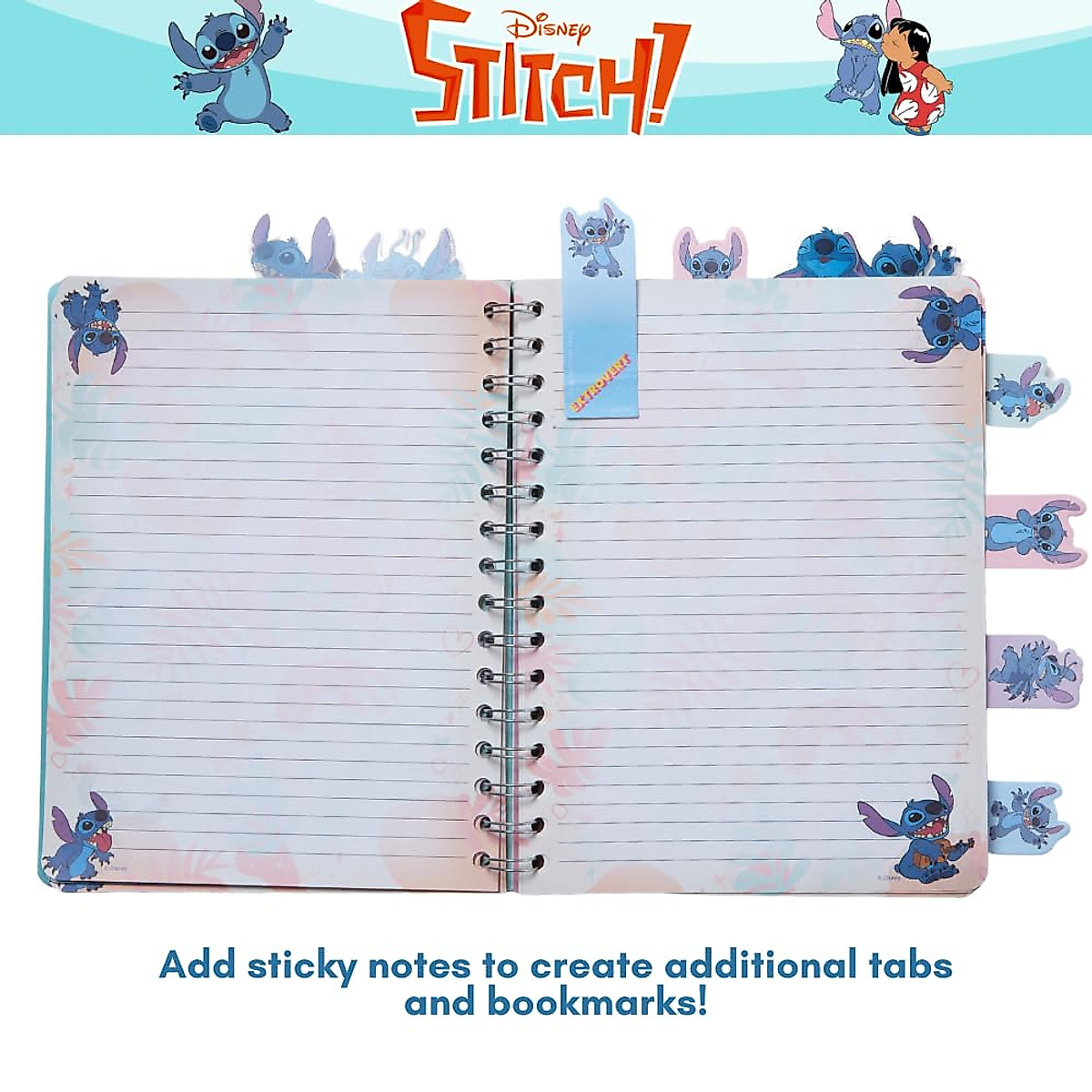 Innovative Designs Disney Stitch Tab Journal Spiral Notebook, Ballpoint Pen, Sticky Tabs, 96 Lined Pages, Blue