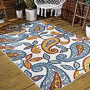 JONATHAN Y AMC102B-5 Julien Paisley High-Low Indoor Outdoor Area-Rug Bohemian Floral Easy-Cleaning High Traffic Bedroom Kitchen Backyard Patio Porch Non Shedding, 5 X 8, Orange/Blue