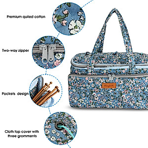 Hanfetch Yarn Bag-Large Size-Yarn Storage Organizer with Grommets-Portable Crochet Bag for Yarn Skeins-Crochet Hooks-Knitting Needles -Other Accessories (Flower-Blue)