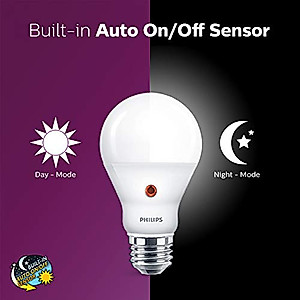 Philips LED 466565 BC8A19/AMB/827/ND D2D 120V 4/1 60 Watt Equivalent Soft White Dusk-Till-Dawn Indoor/Outdoor A19 LED Light Bulb, 4 Pack