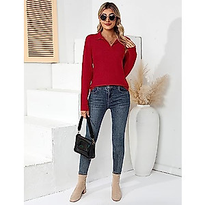 Romanstii Collared Sweaters for Women Knitted Long Sleeve V Neck Fitted Polo Shirts Trendy Winter Pullover Tops,Red,M