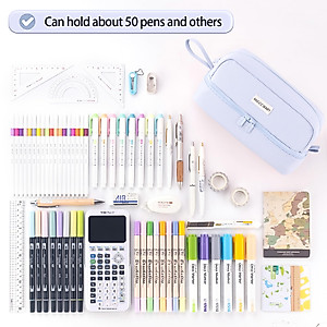 ANGOOBABY Big Capacity Large Pencil Case Canvas Pen Pouch Bag with 2 Compartments for Girls Boys Teen School Students Adults - Blue