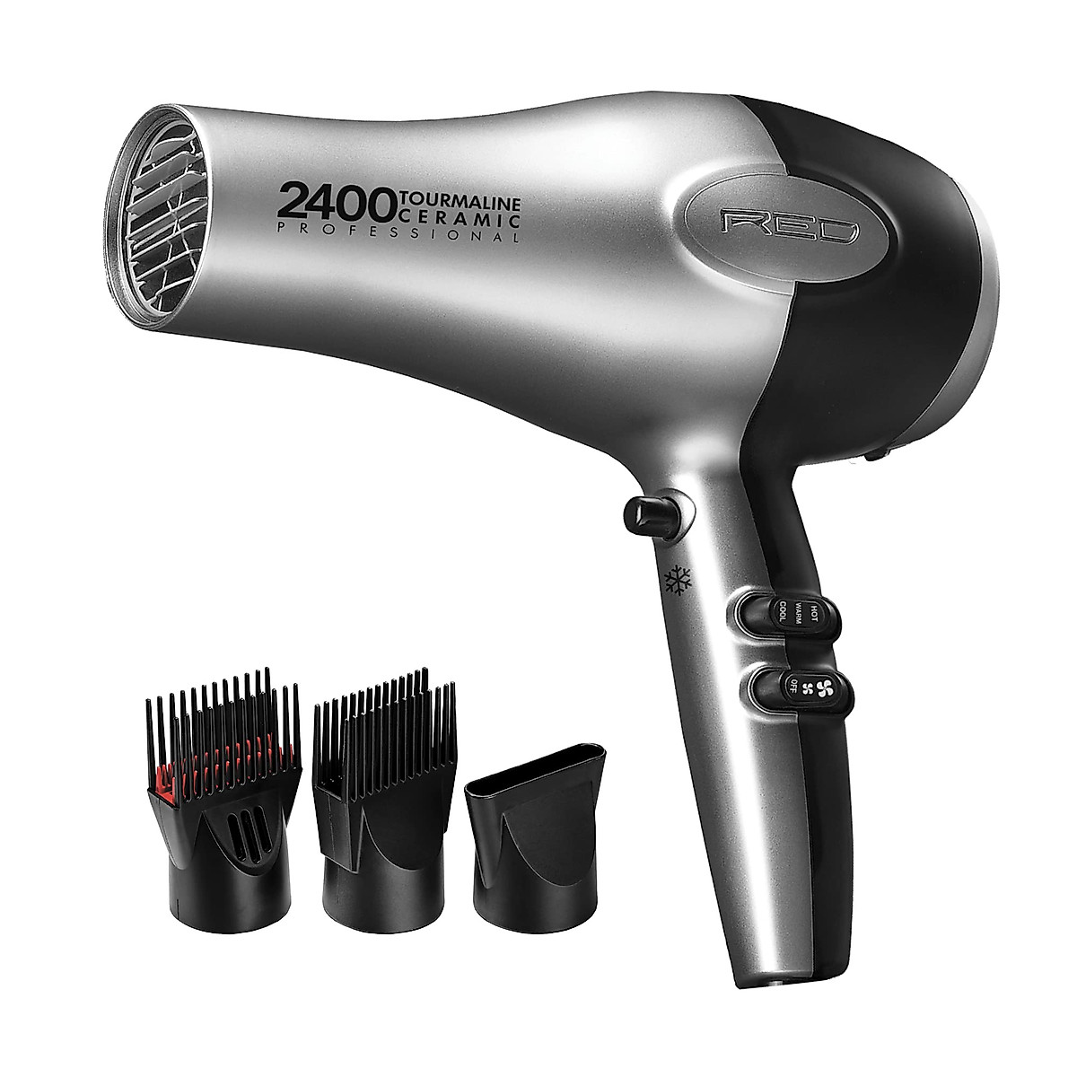 RED by Kiss Hair Dryer 2400 Tourmaline Ceramic Technology, Professional Blow Dryer, Maximum Shine, Fast Drying, Adjustable Settings, 3 Attachments, Salon Quality