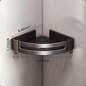 DOIAESKV 2 Pack Corner Shower Caddy with Hooks,No Drilling Aluminium Shower Organizer for Bathroom&Kitchen,Secure with Nail-free Glue,Rustproof Shower Rack Basket,Storage Accessories (Gunmetal)