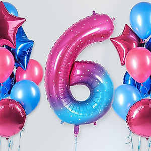 Pink Blue Number 6 Balloon, Large Foil Helium Gradient Rainbow Number Balloons, Big Mylar Number 6 Balloons for 6 Year Old Birthday Party Decorations Supplies Anniversary
