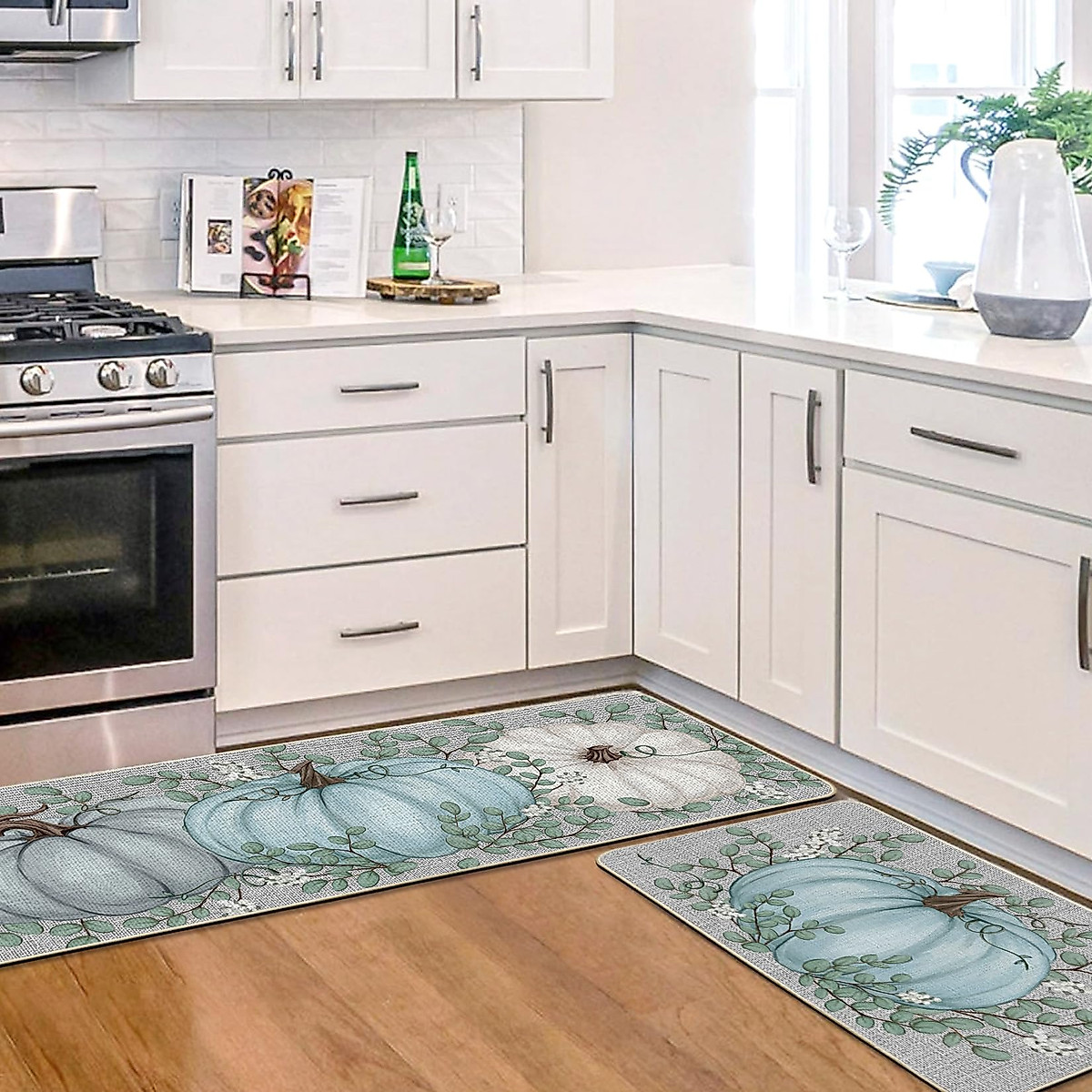 Artoid Mode Pumpkin Eucalyptus Fall Kitchen Mats Set of 2, Home Decor Low-Profile Kitchen Rugs for Floor - 17x29 and 17x47 Inch