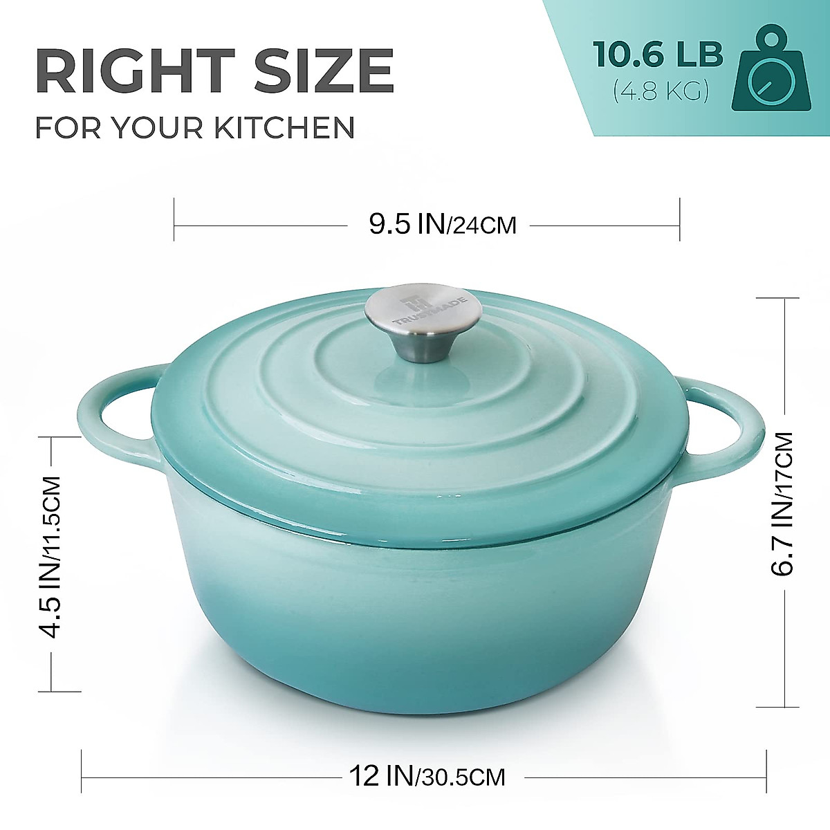 Trustmade 4.5 QT Cast Iron Dutch Oven, Enamel Coated Cookware Pot with Self Basting Lid for Home Baking, Braiser, Cooking, Aqua