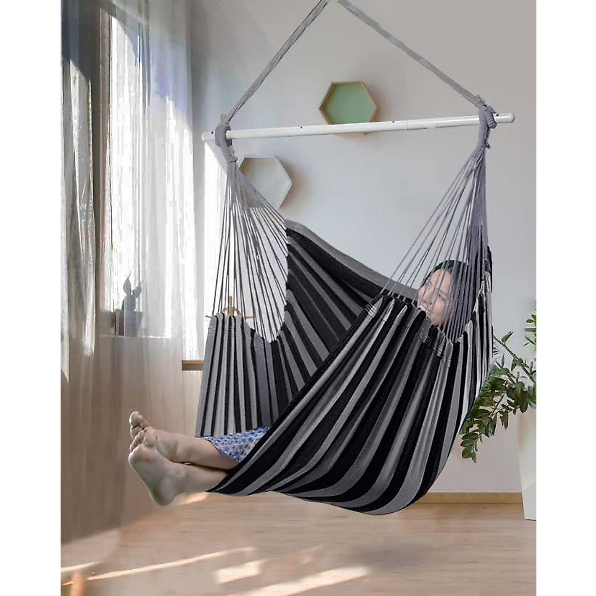 XXL Hammock Chair Hanging Rope Swing with 2 Cushions - Max 500lbs-Perfect for Patio, Porch, Bedroom, Backyard, Indoor or Outdoor - Includes Hanging Hardware Kits