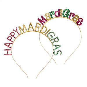 HEIDKRUEGER 2 Pcs Happy Mardi Gras Headbands Glitter Rhinestone Purple Green Gold Hairband for Carnival Party Hair Hoop Accessories (A-HAPPY Mardi Gras)