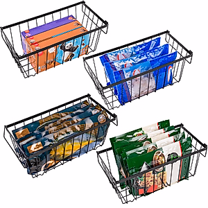 Wetheny Freezer Organizer Bins With Side Handle -4 Pack Stackable Chest Freezer Organizer for 7 Cu.FT - Deep Freezer Sort Frozen Food Wire Metal Basket Storage Bins Rack