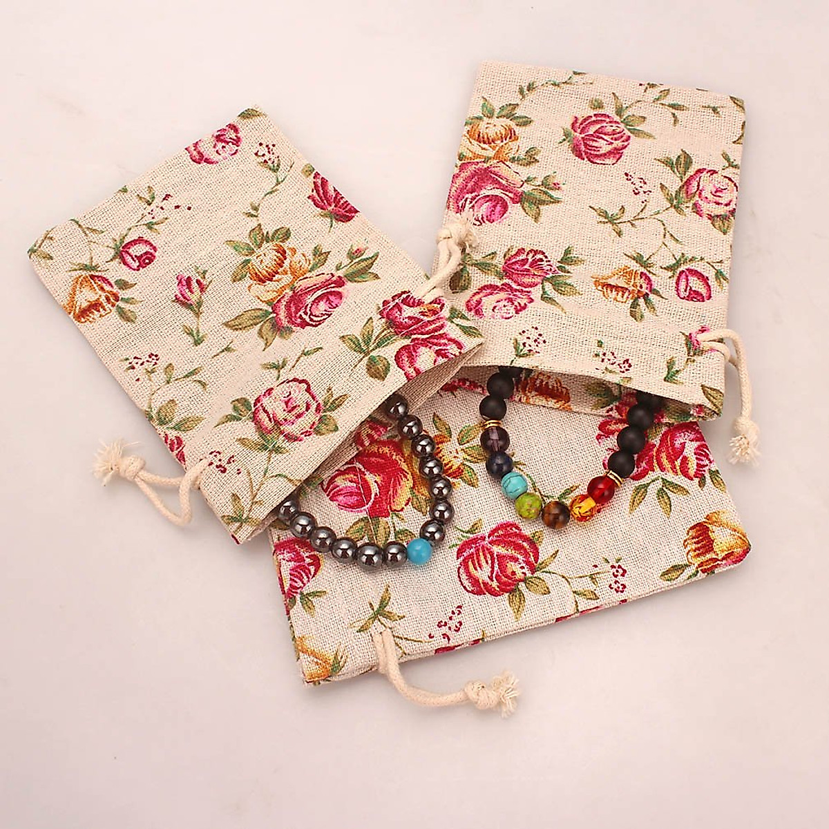 FASOTY Lot of 24 Rose Drawstring Burlap Bags Flower Pouches Bags Linen Gift Bags Jewelry Pouch Jute Sacks for Wedding Favor Party Gifts, DIY Craft, Presents, Valentines 3.7x5.2 Inch