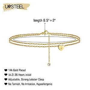 Ursteel Initial Ankle Bracelets for Women, 14K Gold Plated Ankle Bracelet with Initial J Dainty Layered Heart Gold Anklets for Women