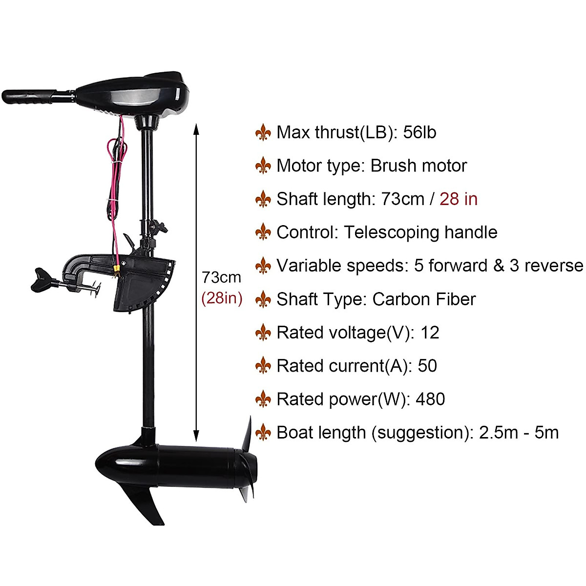 trolling Motor Kayak Canoe Outboard Motors, 56 Lb Thrust Trolling Motor with 8 Speed, 12v Electric Boat Motor with 10-Point Led Battery Indicator