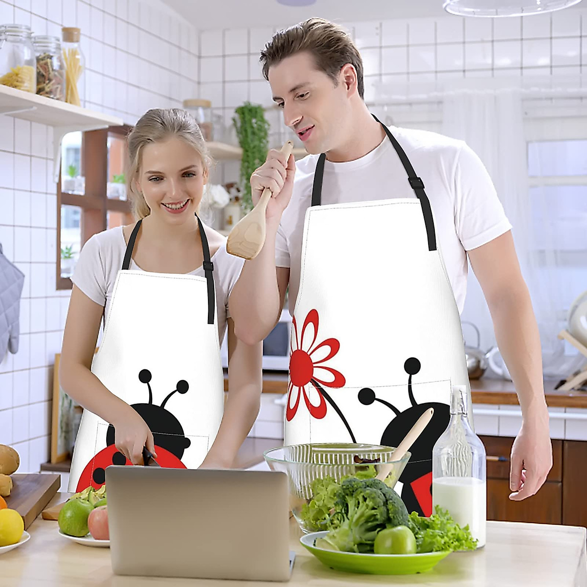 Sofevaim Funny Couples Aprons - 2 Pack Fall Apron Cooking Kitchen Aprons for Women with Pockets, Wedding Engagement Gifts for Couples, Ladybug Aprons for Men