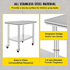 Mophorn Stainless Steel Work Table 36x24 Inch with 4 Wheels Commercial Food Prep Worktable with Casters Heavy Duty Work Table for Commercial Kitchen Restaurant