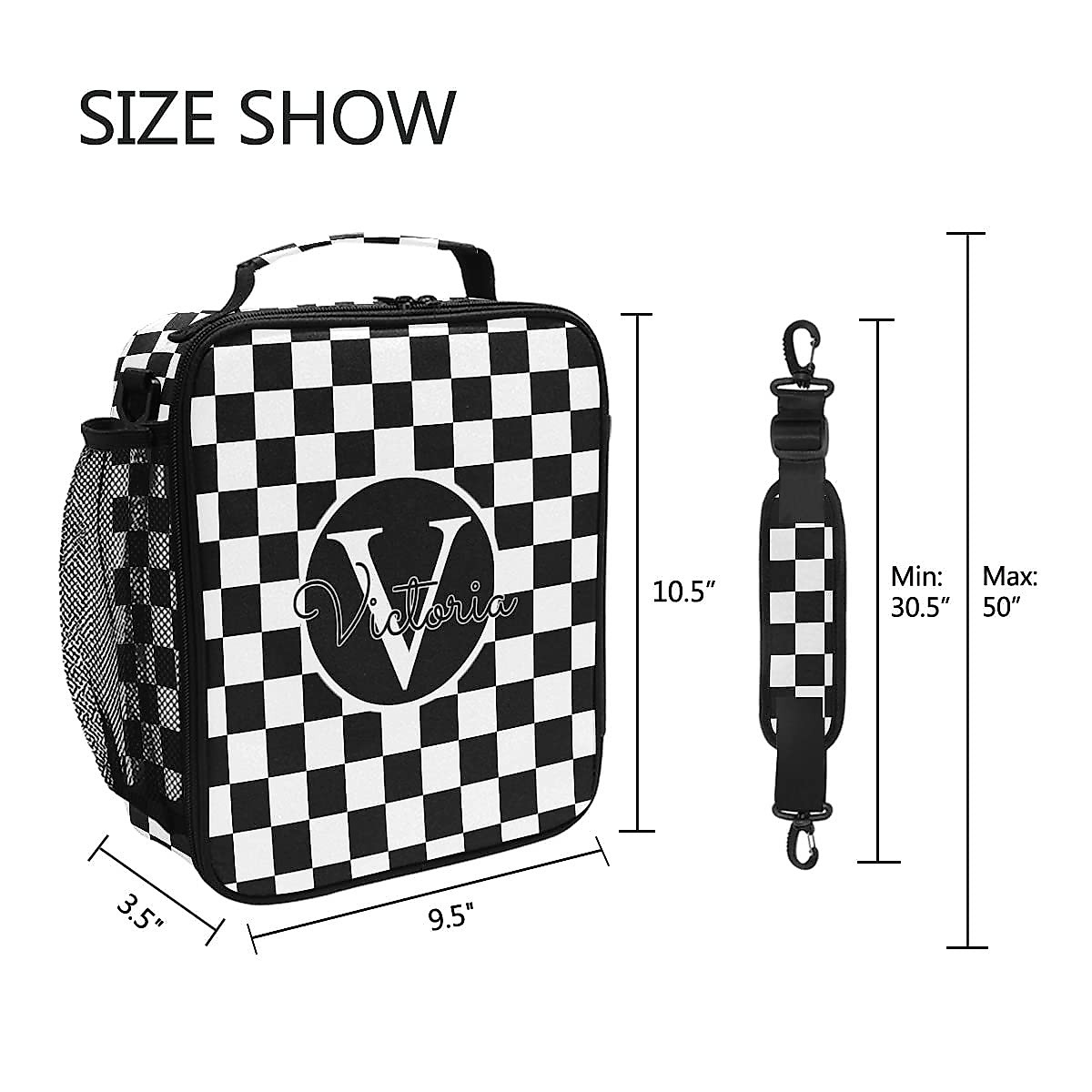 RunningBear Custom Checkerboard Plaid Lunch Bag Personalized Reusable Insulated Lunch Box Bag with Adjustable Strap Tote Box Container Organizer for School, Outdoors, Gym