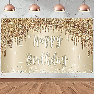 Gold White Happy Birthday Banner Decorations for Women Girls, Gold Glitter Happy Birthday Backdrop Party Supplies, 16th 18th 21st 30th 40th 50th 60th Birthday Background Poster Decor(72.8 x 43.3 Inch)
