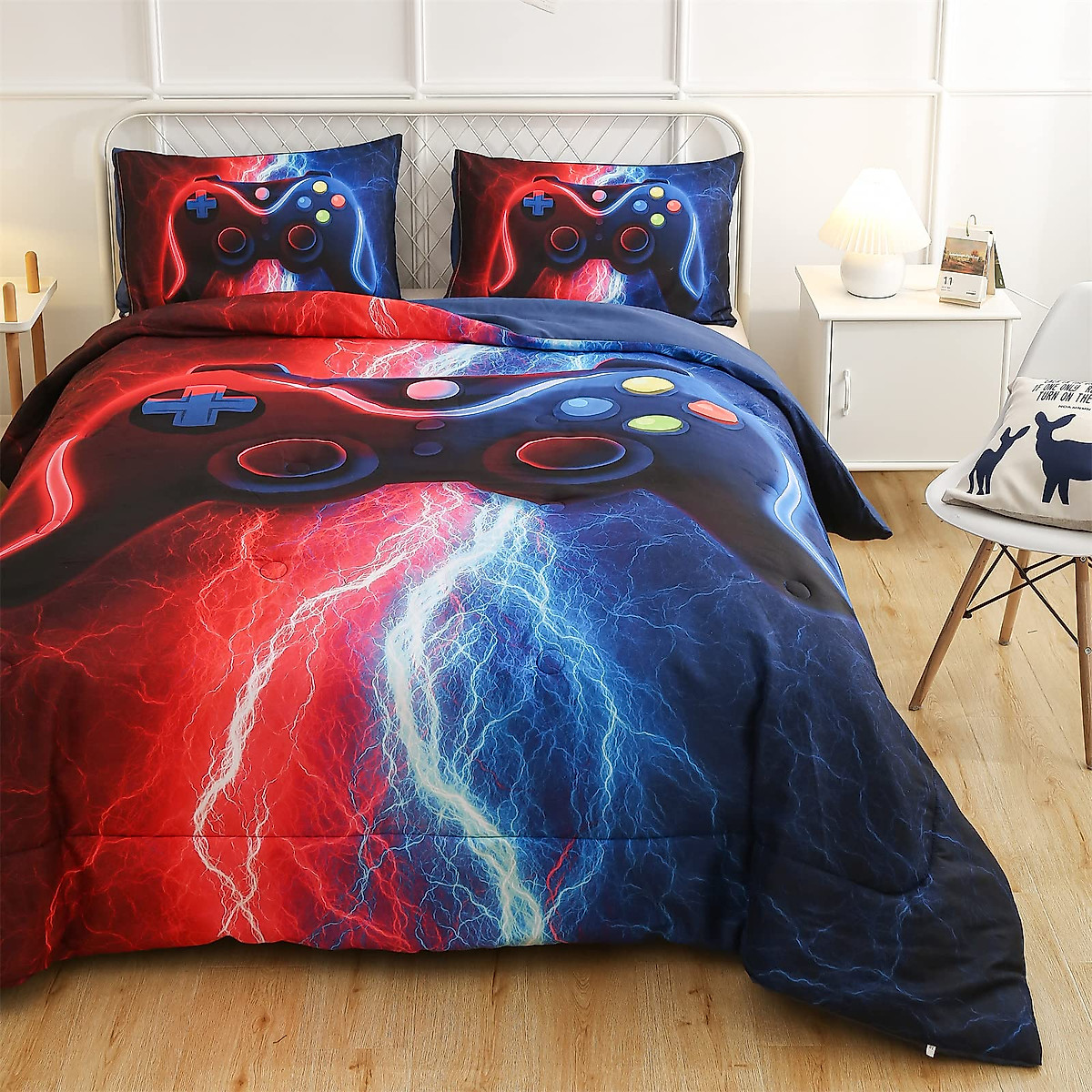 Meeting Story Gamer Gaming Bedding Sets Tie Dye Lightnings Gamepad Comforter Set for Boys Games Console Action Buttons Novelty Colorful Modern Room Decor Home Quilt Set (Twin, Red-Blue)