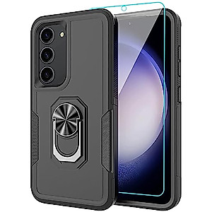 LEXNEC for Samsung Galaxy S23 Case with Tempered Glass Screen Protector,Heavy-Duty Tough Rugged Phone Case Cover with Ring Holder Kickstand for Galaxy S23 5G (6.1", 2023) [Black]