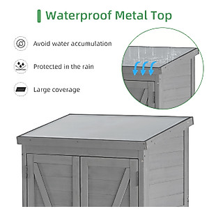 Outdoor Wooden Storage Shed with Metal Top, Tall Vertical Tool Cabinet for Backyard Garden Patio Lawn