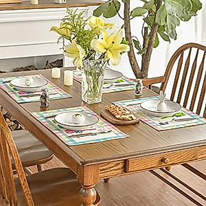 Artoid Mode Green Blue Pink Buffalo Plaid Bunny Happy Easter Placemats Set of 4, 12x18 Inch Seasonal Holiday Table Mats for Party Kitchen Dining Decoration