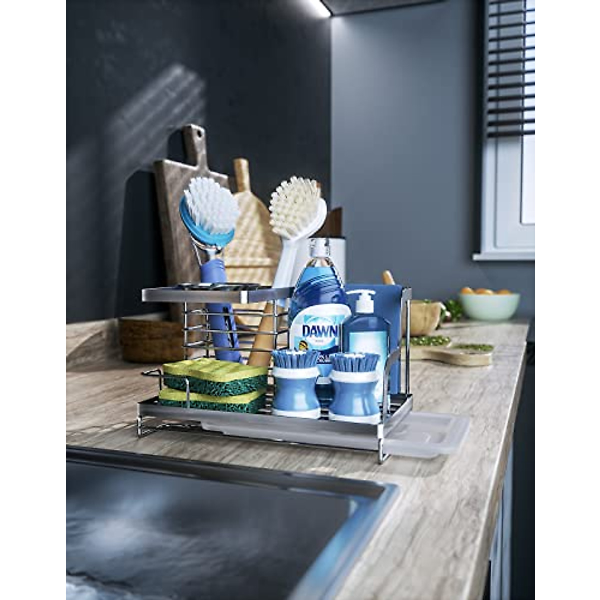 Consumest Kitchen Sponge Holder Sink Caddy, Double-layer Soap Sponge and Brush Holder with Removable Drain Tray, SUS304 Stainless Steel Kitchen Sink Organizer, Silver (8.26 × 4.72 × 5.11 inch)