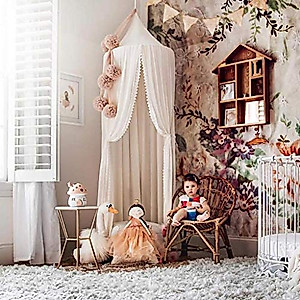 Kids Bed Canopy with Pom Pom Hanging Net for Baby Crib Nook Castle Game Tent Nursery Play Room Decor，White