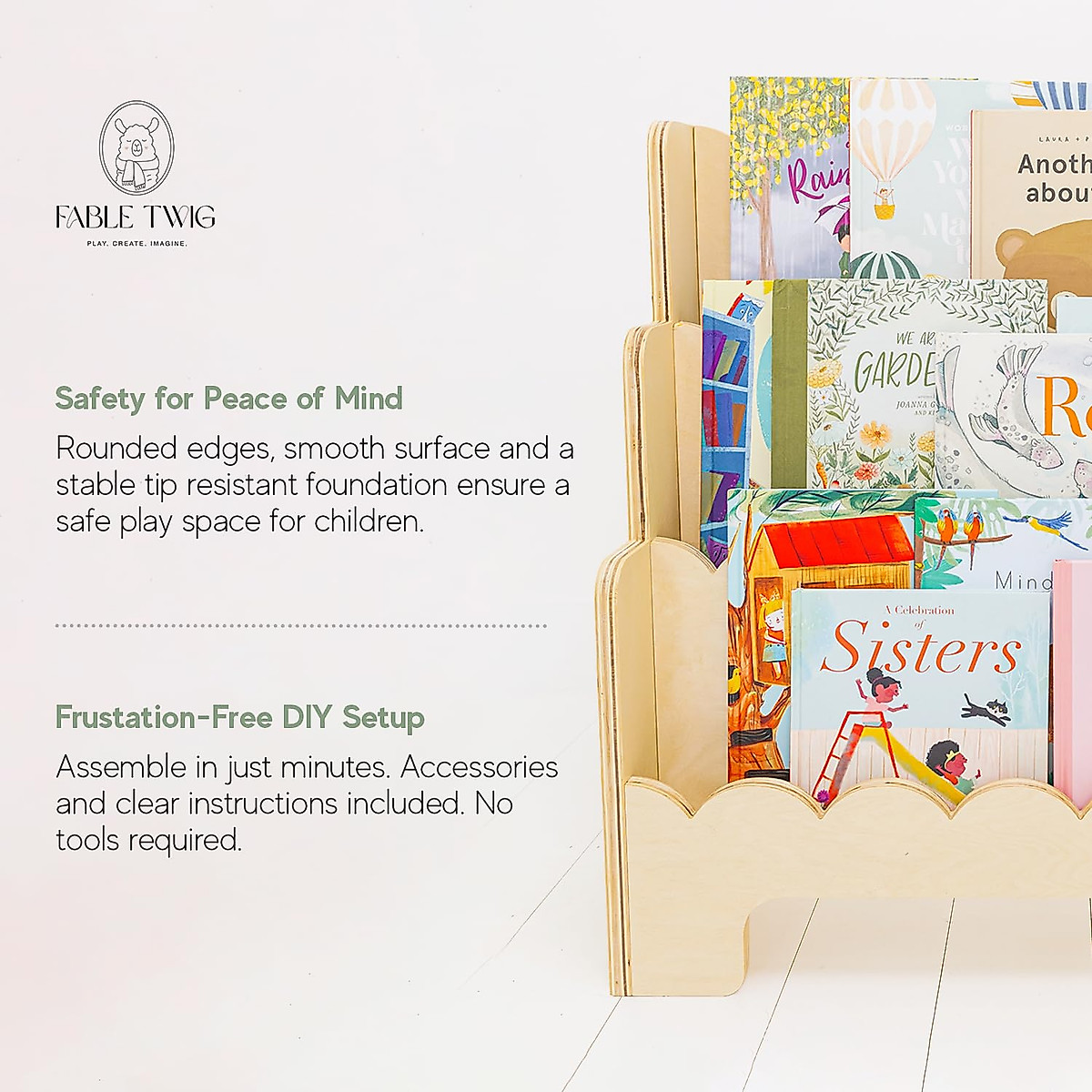 Wooden Kids Bookshelf w/Scalloped Edges - Perfect Height 3-Tier Montessori Bookshelf for Kids - Durable Childrens Bookcase for Kids Room or Playroom - Toddler Bookshelf Rack - Baby Book Shelf Nursery