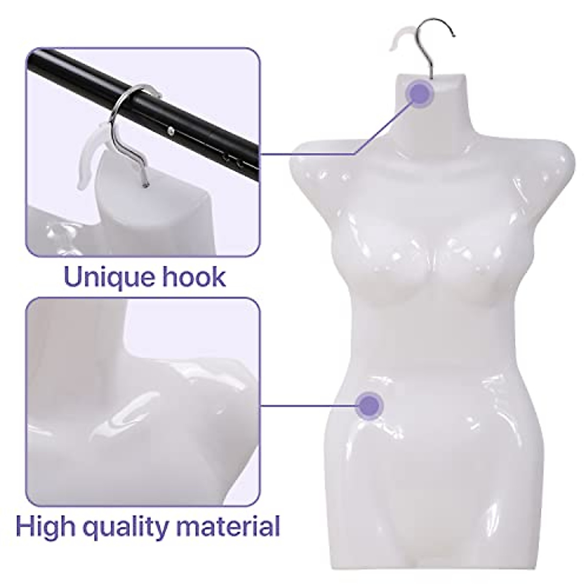 4-Packs Female Mannequin Torso Set 27" Dress Form Hollow Back Half Body Clothing Display Plastic Adult Table Shirt Mannequin Model Stand with Metal Hook for Hanging - Craft Shows or Design, White