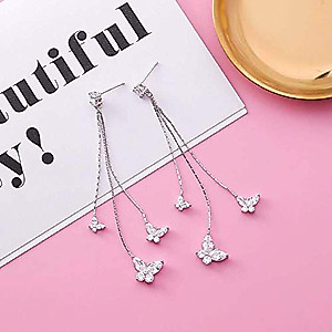 Zircon Butterfly Tassel Earrings for Women Long Colours Crystal Imitation Pearl Dangle Earrings Rhinestone Butterfly Drop Earrings (Silver)