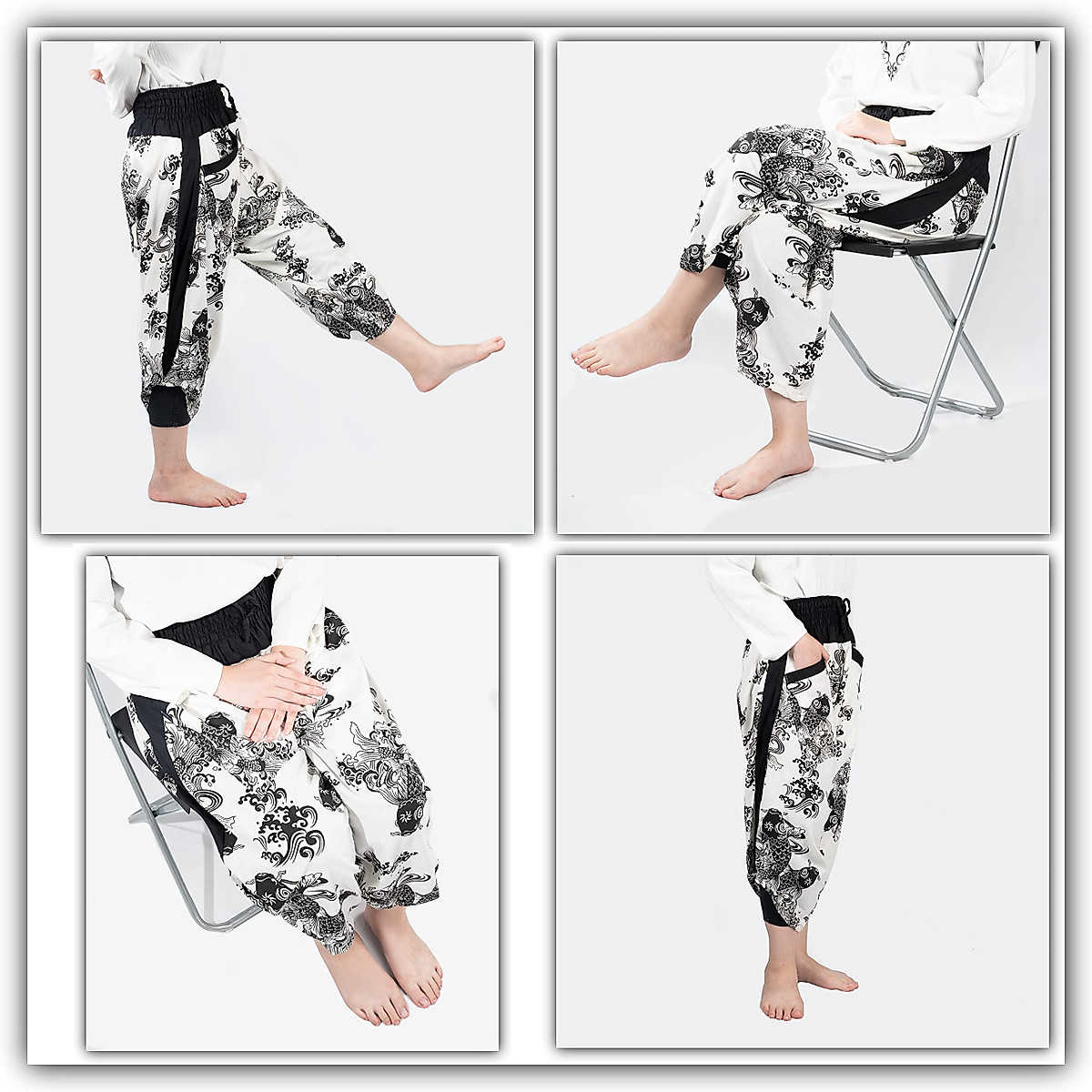 Kurop Saruel Pants Carp Pattern Japanese Pattern Wide Pants Thai Pants Aladdin Pants Dancewear Yoga Gaucho Men's Women's (Carp D)