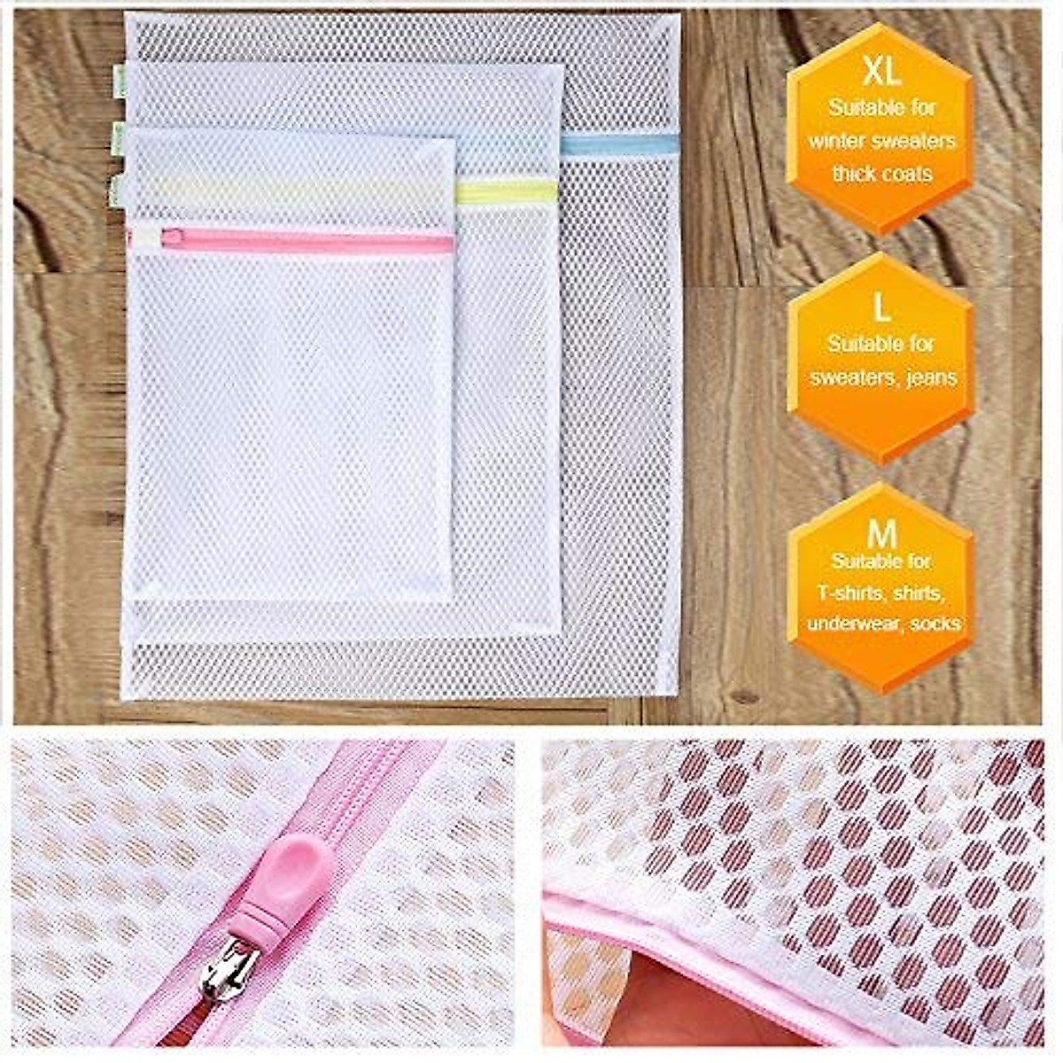 Laundry Bags, SASUM LIFE 3 Pack Zippered Mesh Polyester Wash Bags Premium Durable White for Jeans, Lingerie,Socks,Bra Sweaters, Coats in Washing Machine & Drier (Beehive)