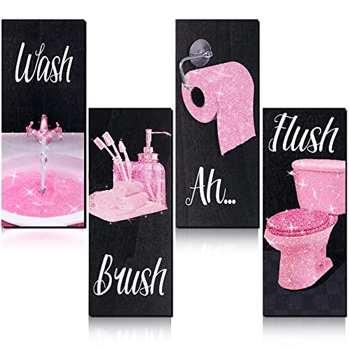 Chinco 4 Pcs Women Funny Wall Art Bathroom Decor Glam Bathroom Wall Decor Black and White Glam Bathroom Wall Arts Modern Women Funny Bathroom Wood Hanging Decors for Home Bathroom (Pink,Sweet)