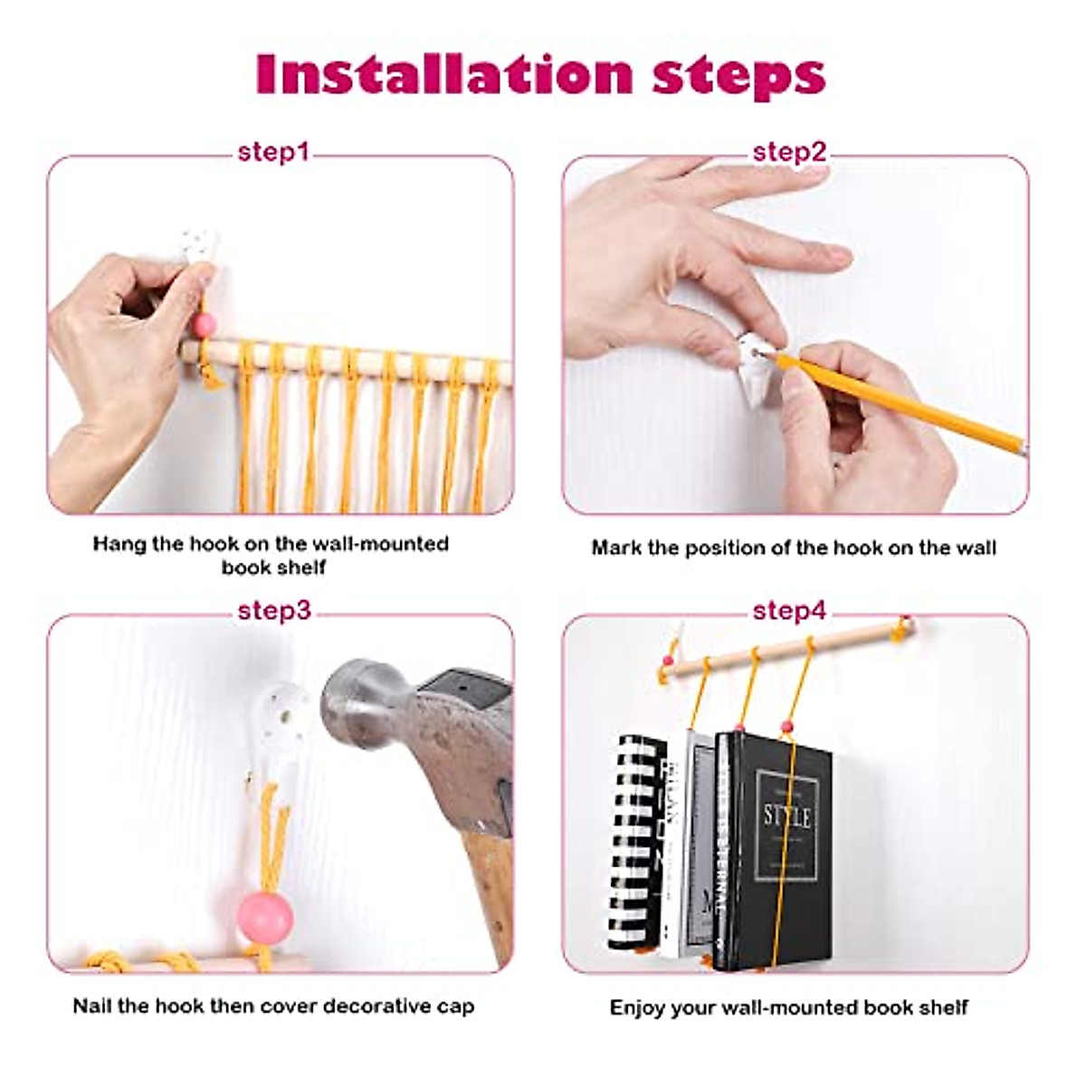 VOMELON Handmade Bookshelf,2 Pack Hanging Bookshelves Decor, Floating Bookshelf and Display Book Holder for Bedroom Wall Hanger for Kids Great Gift