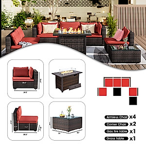 Grezone Patio Furniture Set 7 Piece Outdoor Wicker Sectional Sofa - All Weather PE Rattan Couch Conversation Set with Cushion & Glass Top Table for Backyard Deck Porch,Red