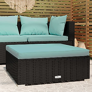 vidaXL Poly Rattan Patio Footrest with Cushion - Weatherproof Outdoor Ottoman with Durable Steel Frame and Plastic Feet, Lightweight, Includes Removable Aqua Fabric Cushion.