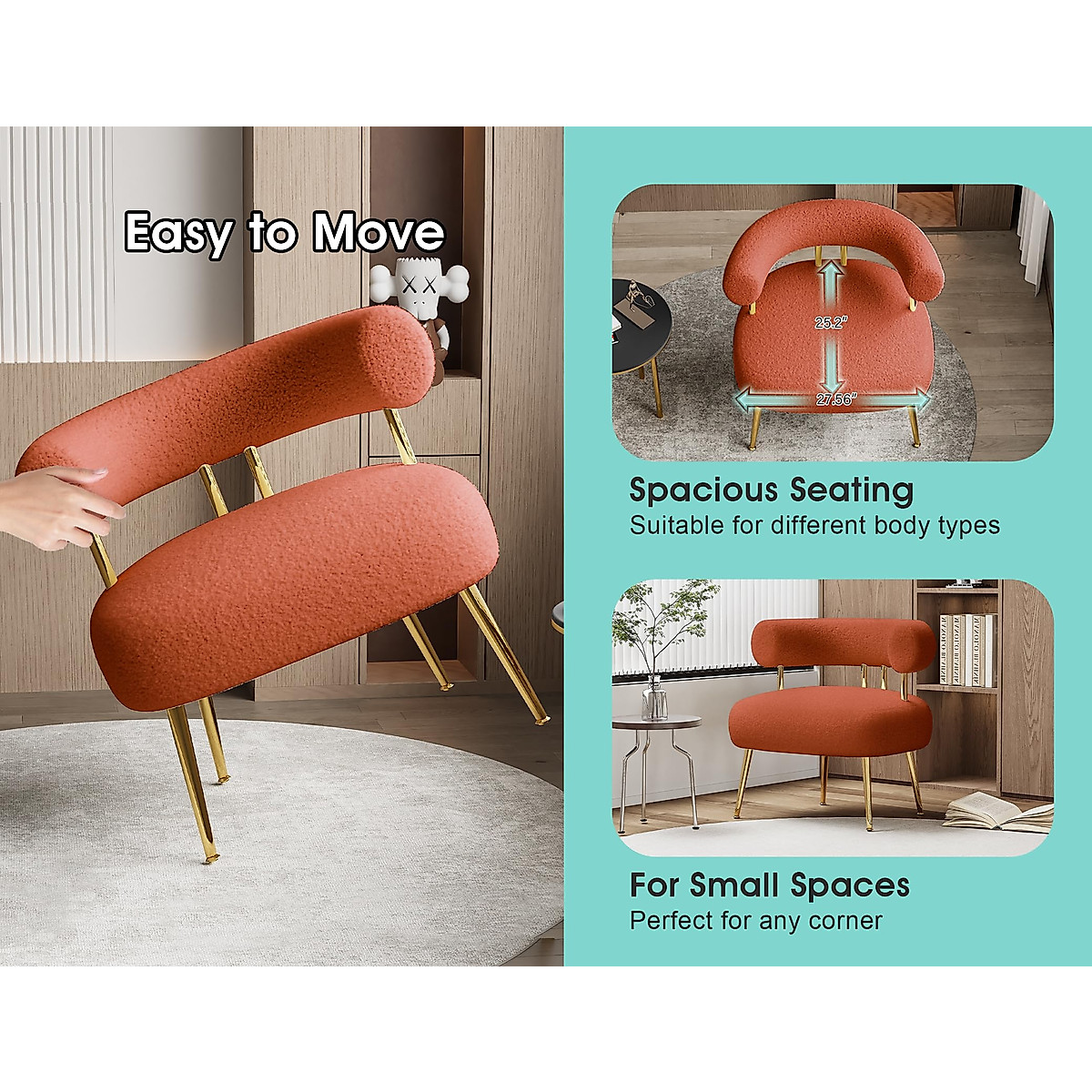 SEYNAR Mid Century Sherpa Boucle Accent Chair, Round Upholstered Barrel Arm Chair for Small Spaces, Fluffy Side Corner Sofa Chair for Living Room, Bedroom, Vanity, Office, Reading Nook(Orange)