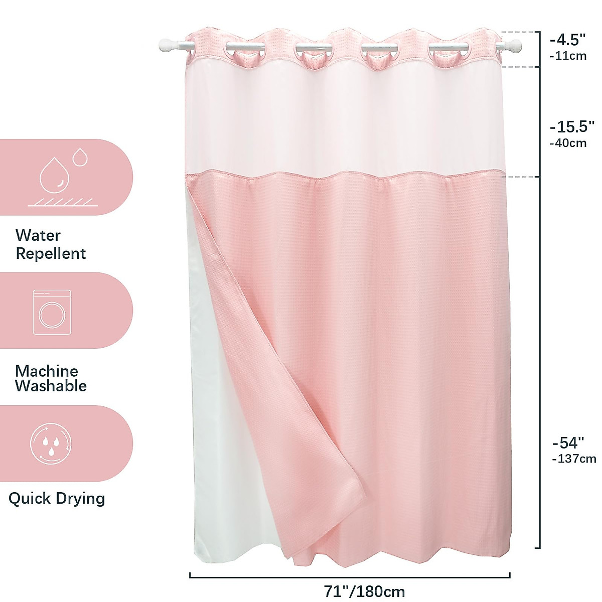 VIUOON No Hook Waffle Weave Shower Curtain with Snap-in Fabric Liner Set, Hotel Style with See Through Top Window, 230GSM Heavy Duty Fabric, Waterproof & Washable for Bathroom, 71W x 74H, Pink