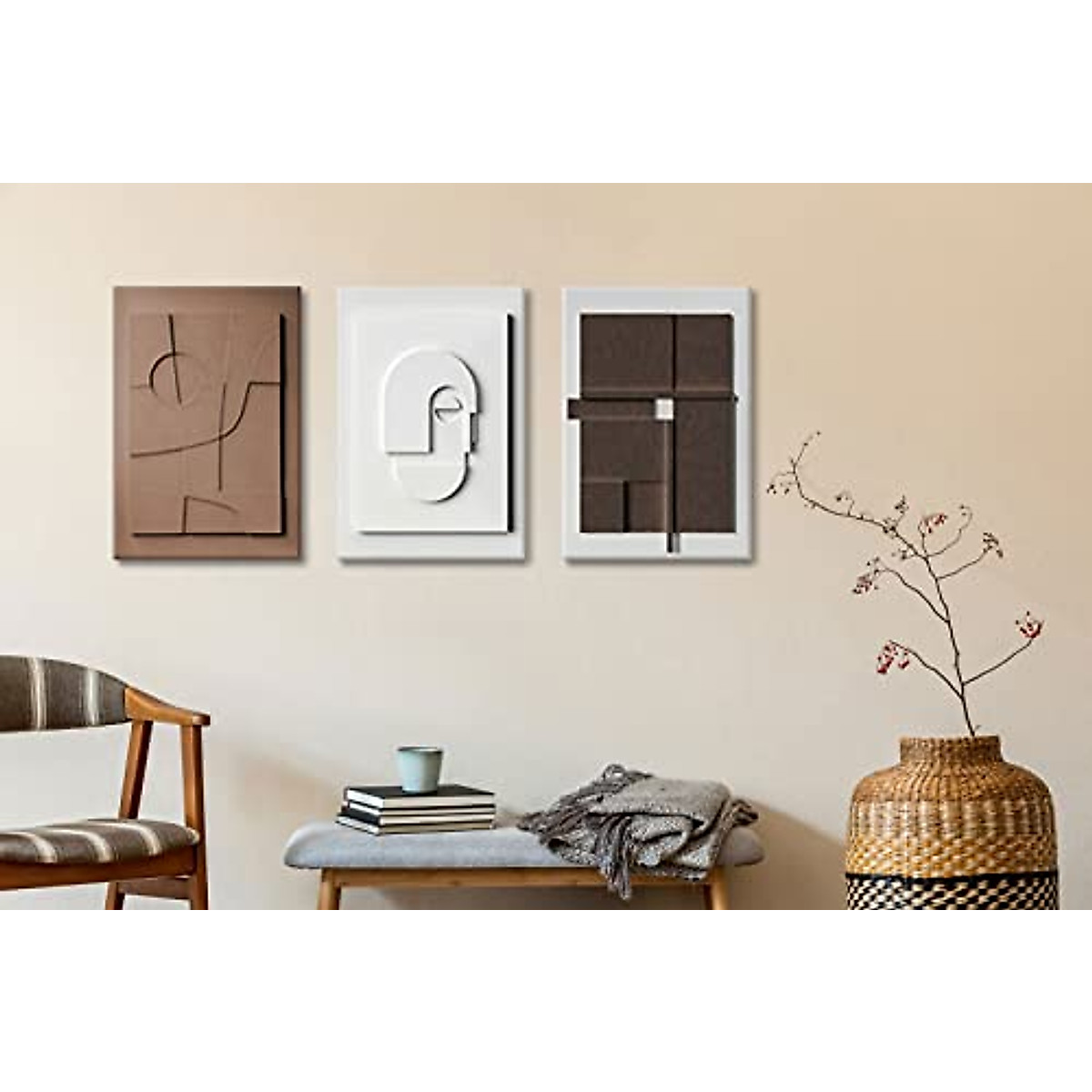 3 Pieces Brown White Geometric Abstract Minimalist Wall Art Canvas Nordic Home Decor Luxury Modern Simple Line Art Canvas Print Picture Bedroom Office Living Room Framed Size: 16 "24" 3