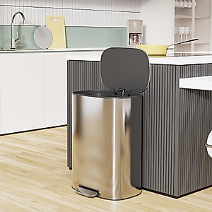 Fulocseny Oval Pedal Trash Can, 13 Gallon/50L, Soft-Close Silent Lid and 30 Garbage Bags, Stainless Steel Thickened Body Garbage Can for Kitchen, Commercial, Office, Living Room - Silver