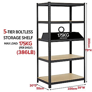 Garage Shelving Unit 5 Tier Adjustable Boltless Metal Racking Extra Heavy Duty Industrial Garage Storage Shelves, for Home Workshop Shed Office Warehouse, 79" H x 39" W x 20" D, Black