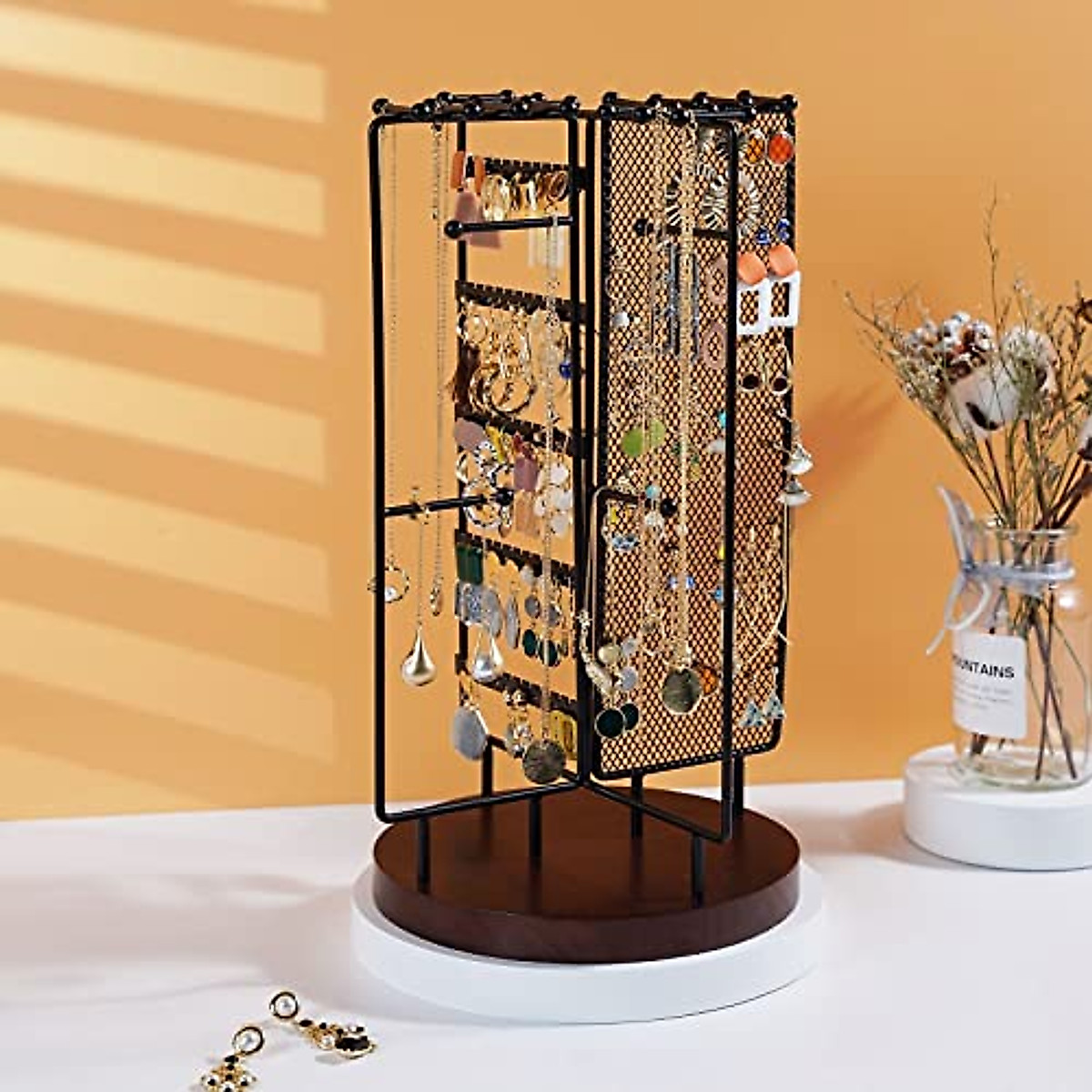 ProCase Jewelry Holder Organizer Earring Stand with 28 Necklace Hooks, 360 Rotating Necklace Holder Earrings Storage Rack Jewelry Tower Bracelet Holder, Holds More than 100 Pairs Earrings -Black
